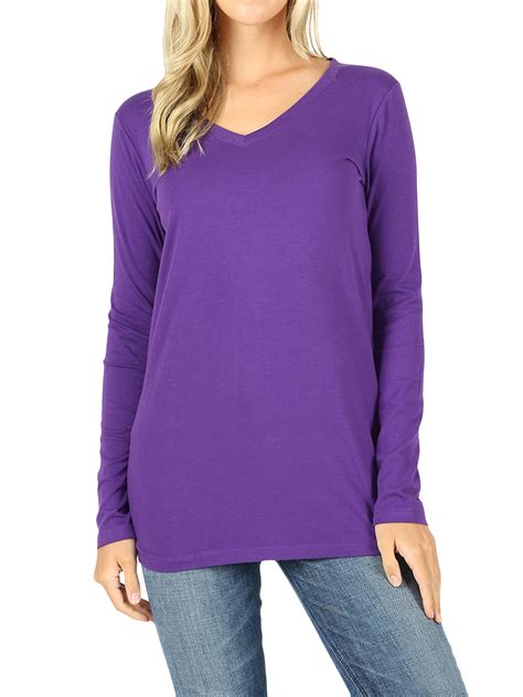 Women Casual Basic Cotton Loose Fit V Neck Long Sleeve T Shirt Top