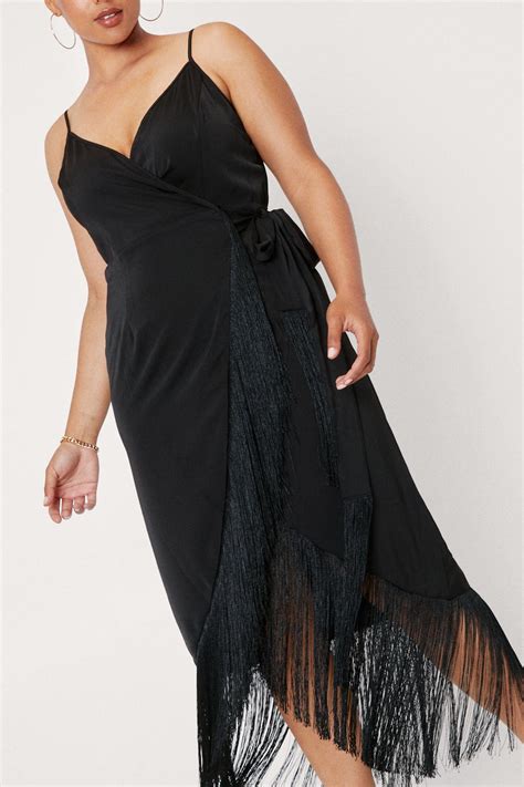 Plus Size Fringe Trim Satin Wrap Maxi Dress Nasty Gal