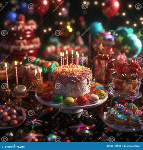 Delicious Birthday Cake With Lit Candles On A Table Full Of Sweets