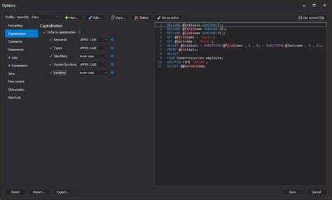 sql formatting standards capitalization indentation comments