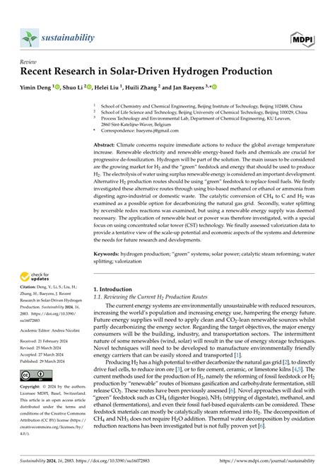 Pdf Recent Research In Solar Driven Hydrogen Production