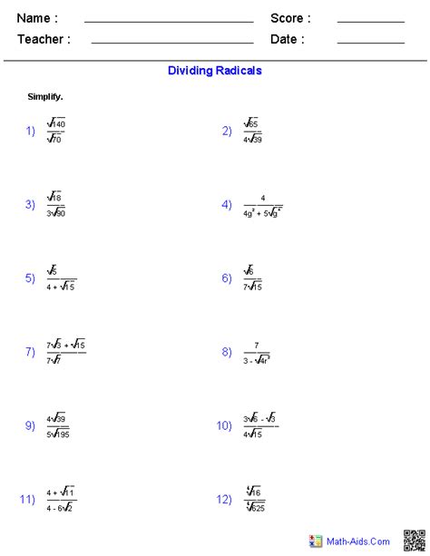 Radical Expression Worksheet