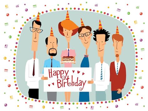Premium Vector Birthday Card Cheerful Office Colleagues Congratulate