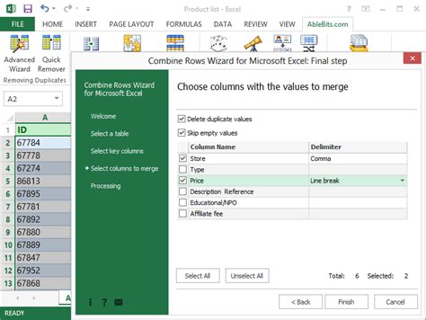 merge duplicate excel rows into one by key columns