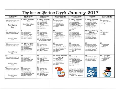 Barton Creek Assisted Living January Activities Calendar