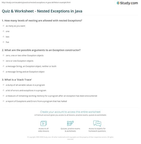 quiz and worksheet nested exceptions in java