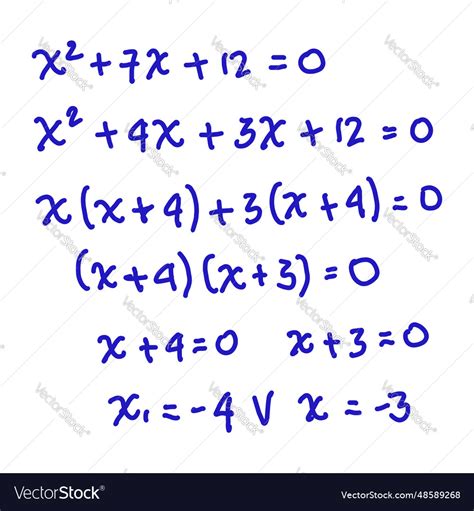 Solving Quadratic Equations By Factoring Algebra Vector Image