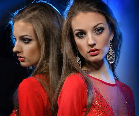Alla Berger Women Model Face Portrait Gray Eyes Red Clothing Long Hair