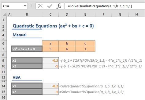 how to solve quadratic equations in excel formula and vba