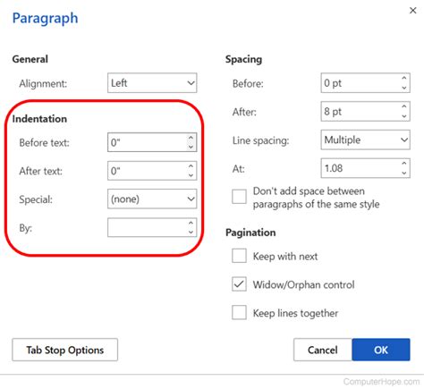 how to adjust the indents and tabs in microsoft word