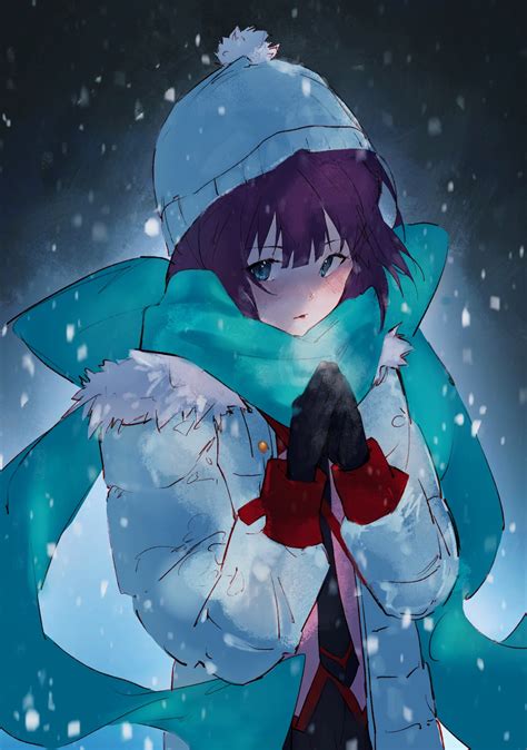 Safebooru 1girl Aqua Scarf Beanie Black Gloves Black Necktie Blue