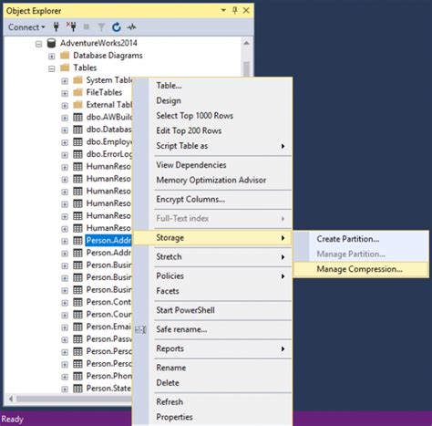 sql server data compression using the ssms data