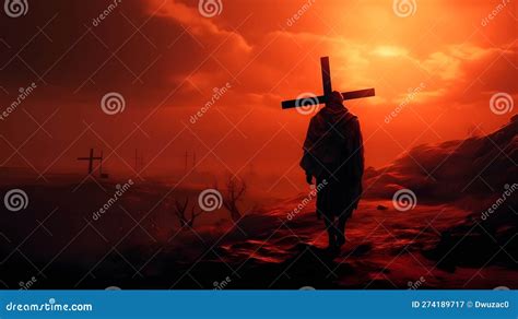 Jezus En Kruis Op Golgotha Hill Red Sky Sunset Dawn Christ Generation