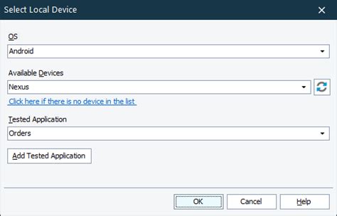 select local device dialog legacy mobile testing testcomplete