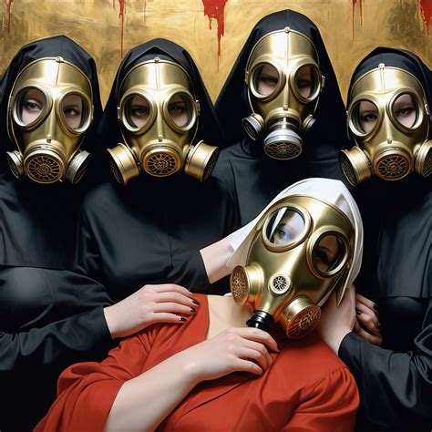 Three Lesbians Nuns Wearing Gas Masks In Bondage By