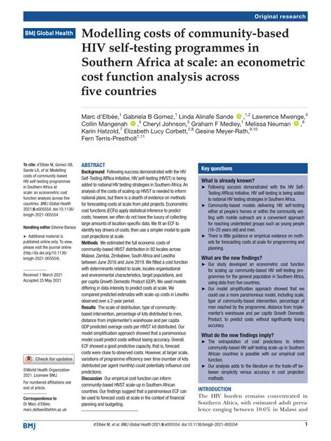Pdf Modelling Costs Of Community Based Hiv Self Testing Programmes In