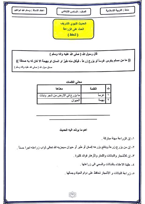 شرح موضوع حديث الحث على الزراعة سؤال وجواب التربية الاسلامية للصف