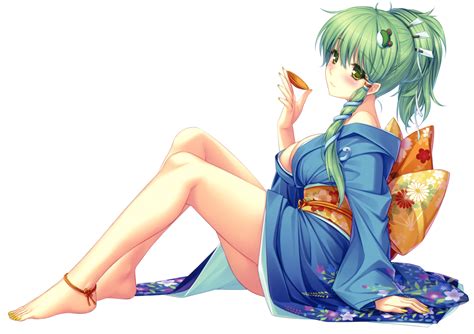 Barefoot Blush Breasts Cleavage Green Eyes Green Hair Japanese Clothes