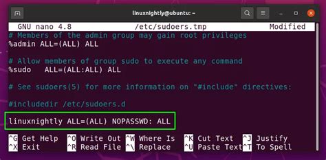 how to execute sudo commands without password linux nightly