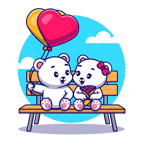 Premium Vector Cute Polar Bear Couple Holding Balloons On Bench Park