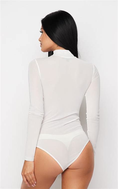 Sheer Mock Neck Long Sleeve Bodysuit White