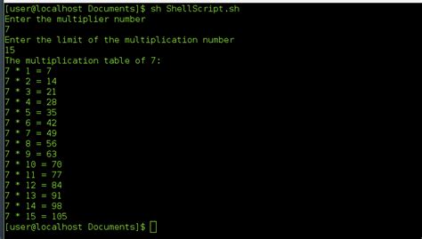 shell script to print the multiplication table of a given