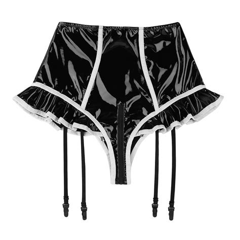 Buy Msemis Women Wetlook Faux Leather Ruffled Booty Shorts Zipper Wet