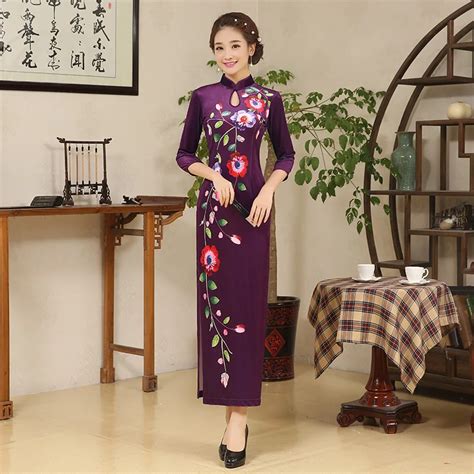 2018 Velvet Cheongsam Long Qipao Purple Traditional Chinese Dress Robe