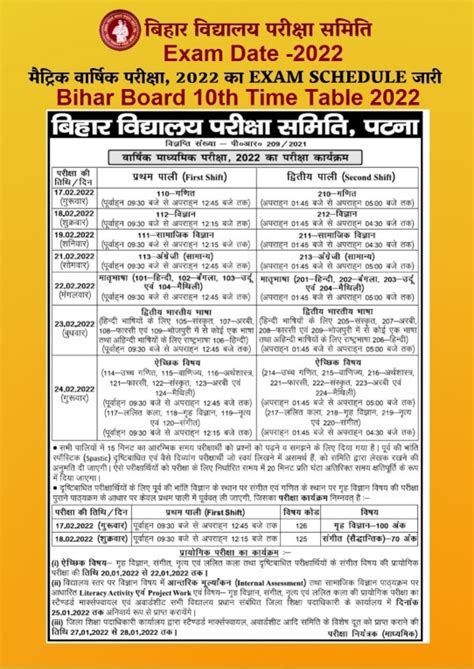 Bihar Board 10th Exam Date 2022 Out Pdf Bseb Matric Time Table