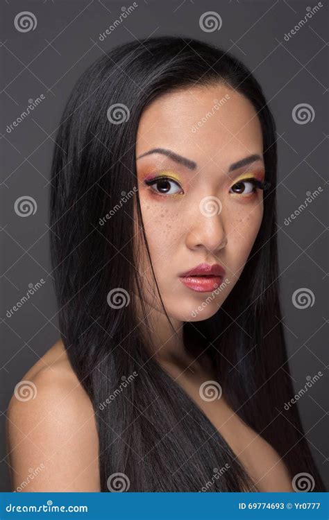 Portrait Attractive Asian Woman Gray Background Stock Image Image Of