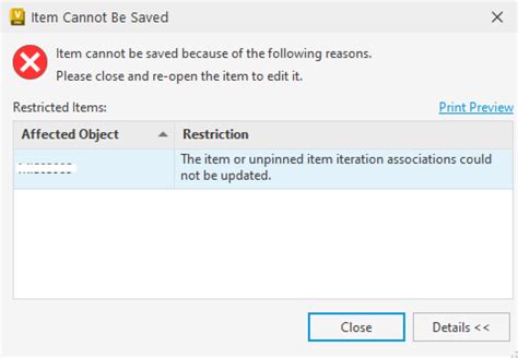 error 1306 the item or unpinned item iteration associations could not