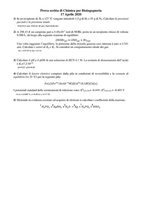 Esercizi 04 20 Prova Desame Prova Scritta Di Chimica Per