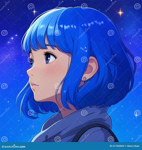 Illustration Of A Girl With Blue Hair And Blue Eyes In Space Stock