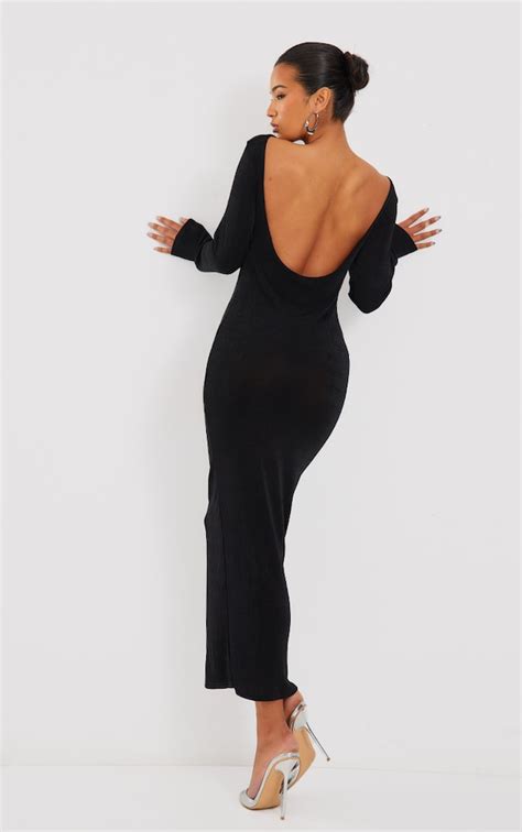 Black Long Sleeve Slash Neck Open Back Maxi Dress Dresses