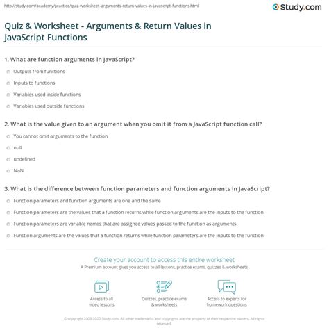 quiz and worksheet arguments and return values in javascript functions