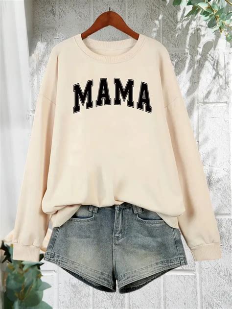 Mama Print Sweatshirt Plus Size Casual Long Sleeve Crew Neck Temu