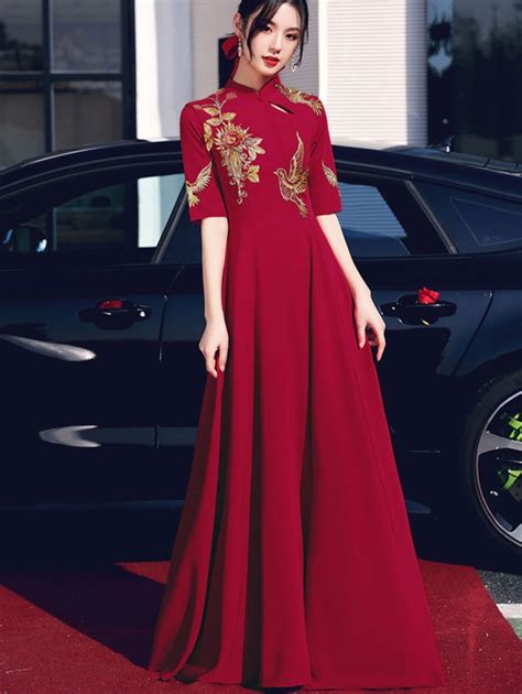 Burgundy A Line Full Length Wedding Qipao Cheongsam Dress Cozyladywear