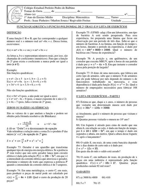 1º Ano 8ª Lista De Exercícios Função Quadrática I 2018 Pdf Função