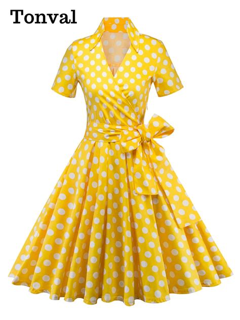Tonval Retro Polka Dot Rockabilly Yellow Dress Women Short Sleeve V