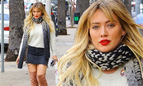 Hilary Duff Shows Off Her Toned Legs In Denim Mini Skirt And Suede