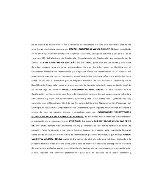 Acta Requerimiento Cambio De Nombre De Menor De Edad Pablito Pdf