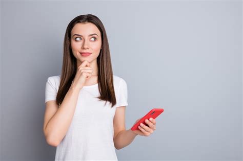 Premium Photo Profile Attractive Lady Hold Telephone Think Look Empty