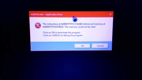 explorer exe application error the memory could not be read