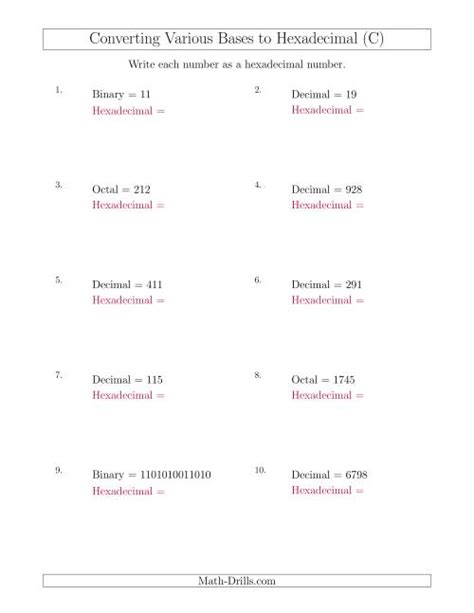 converting various base number systems to hexadecimal
