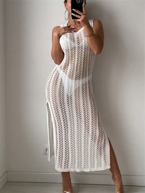 Shein Swim Bohofeel Hollow Out Split Thigh Cover Up Dress Without
