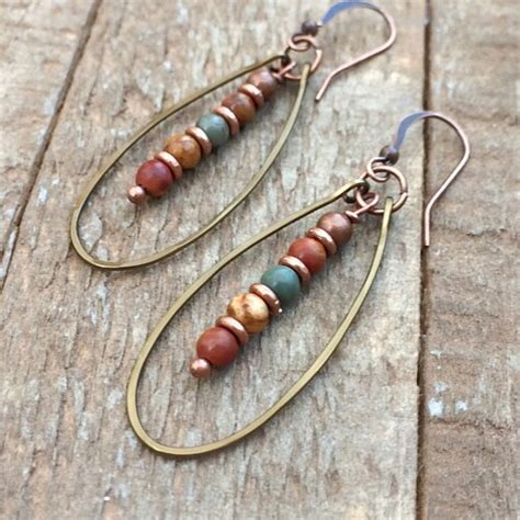 Boho Copper Hoop Earrings Red Creek Jasper Stone Earrings Etsy