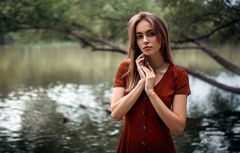 Wallpaper Girl River Long Hair Dress Trees Brown Hair Photo