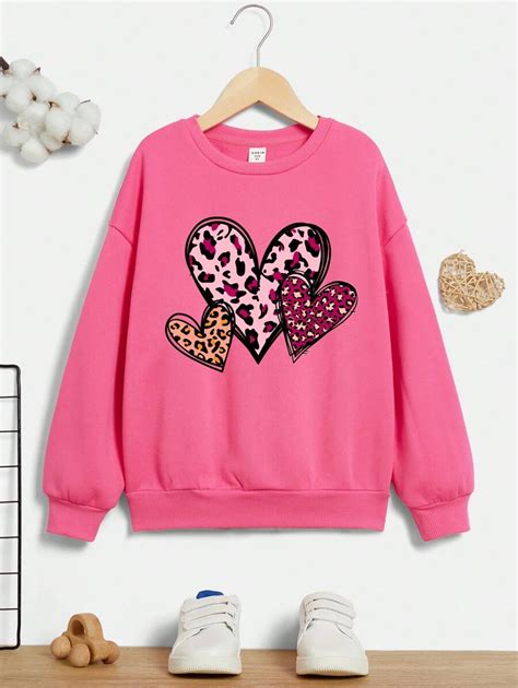 Shein Tween Girl Leopard And Heart Print Drop Shoulder Pullover Shein Usa