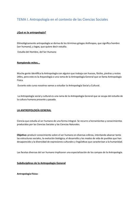 Antropología Tema I Antropología En El Contexto De Las Ciencias