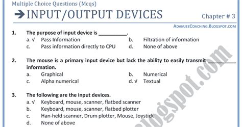 adamjee coaching input output devices mcqs computer ix